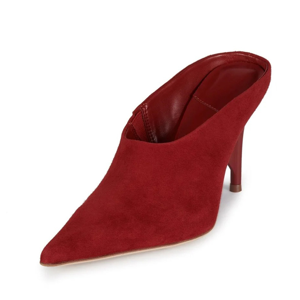 Red Vegan Suede Pointed Toe Sculptural Heel Mules for Women