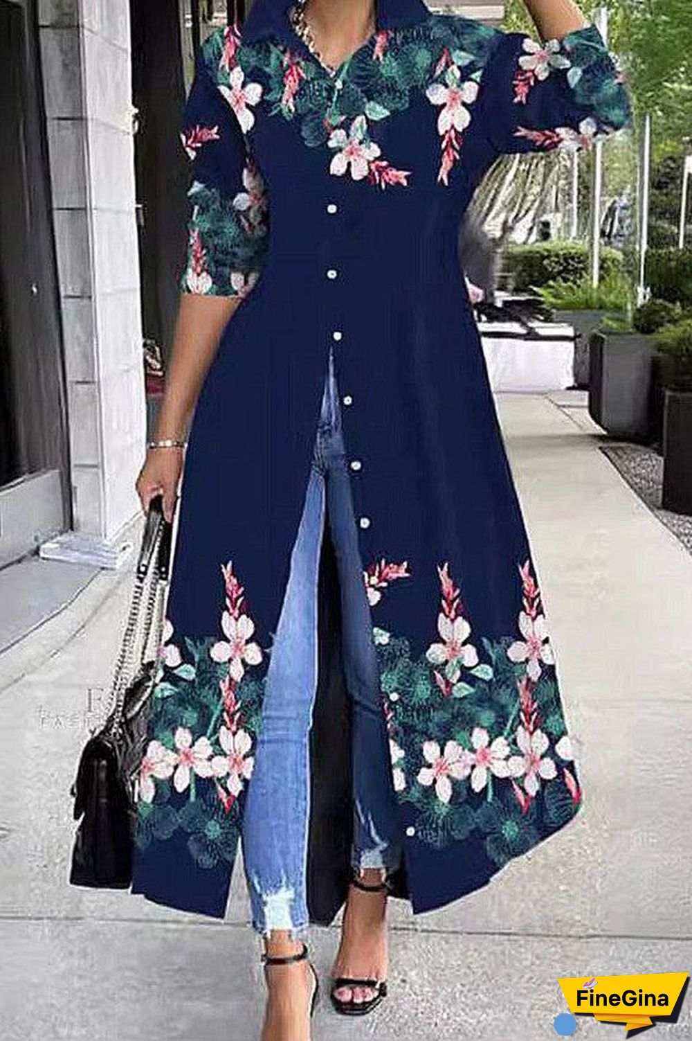 FineGina Dark Blue Floral Print Long Sleeve Shirt