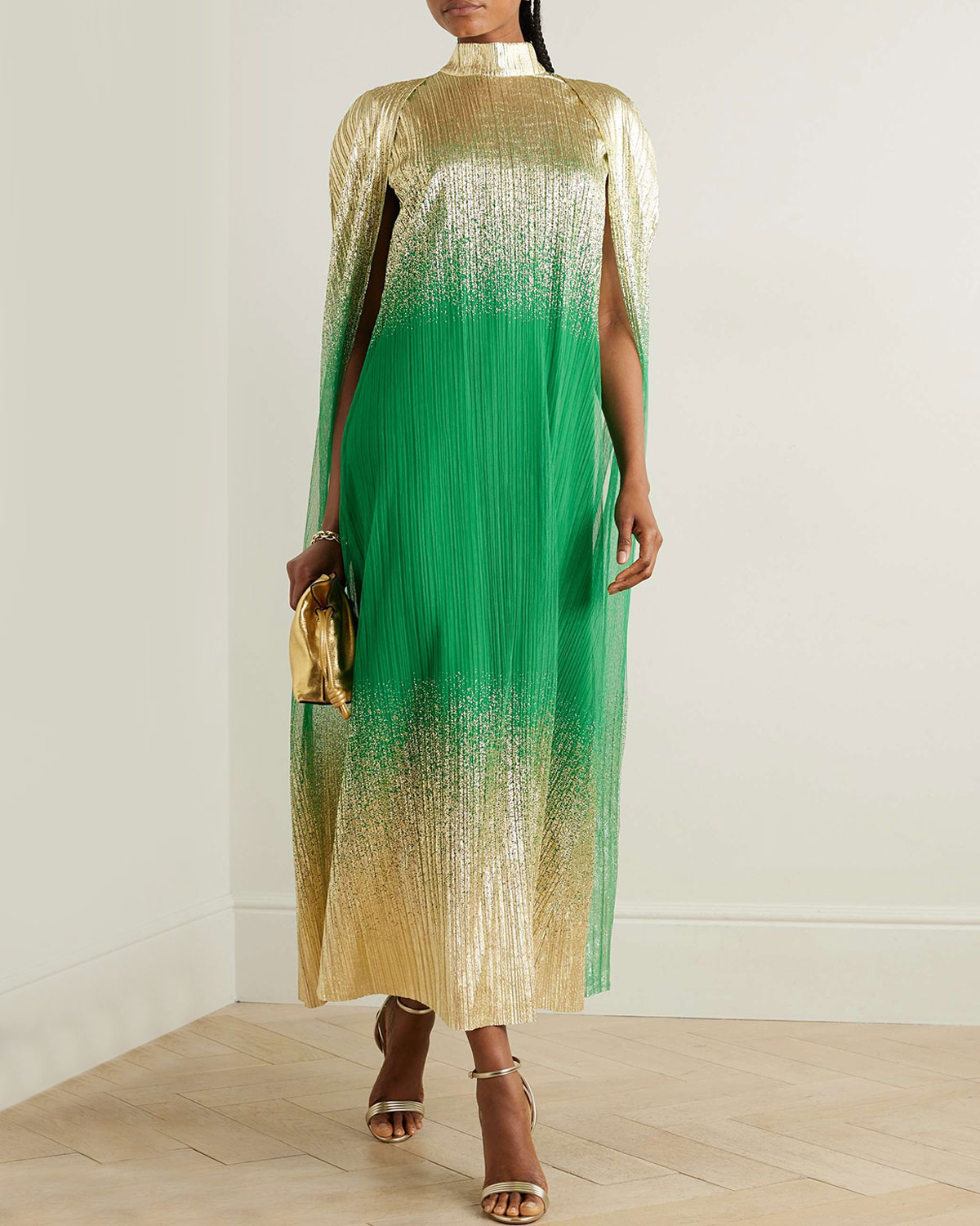 Metallic Plissé-Tulle Gown and Cape Set