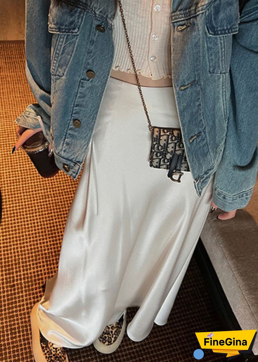 FineGina New Beige Wrinkled Shigh Waist Patchwork Silk Skirt Fall