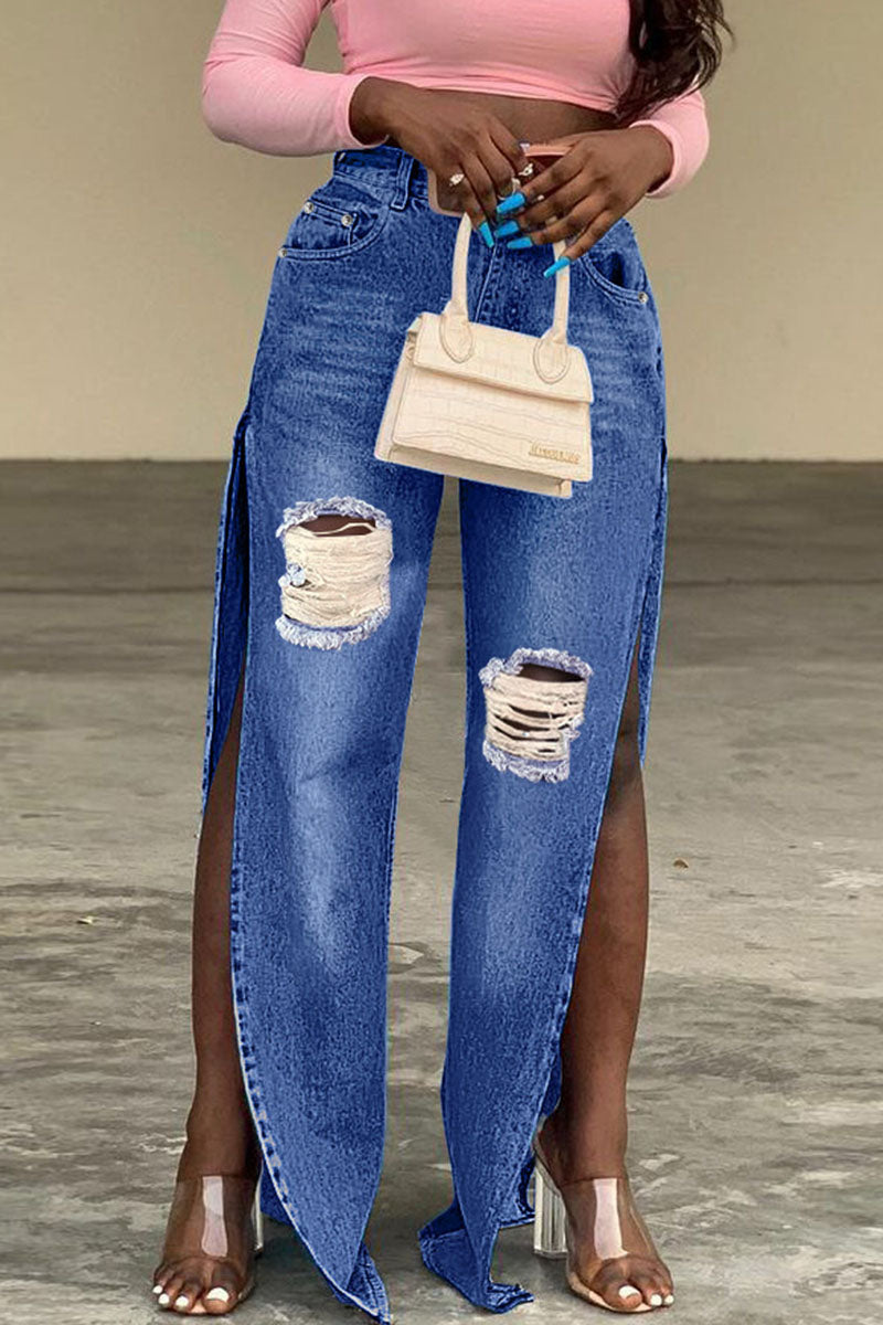 Sexy Street Solid Ripped Split Joint Slit High Waist Denim Jeans