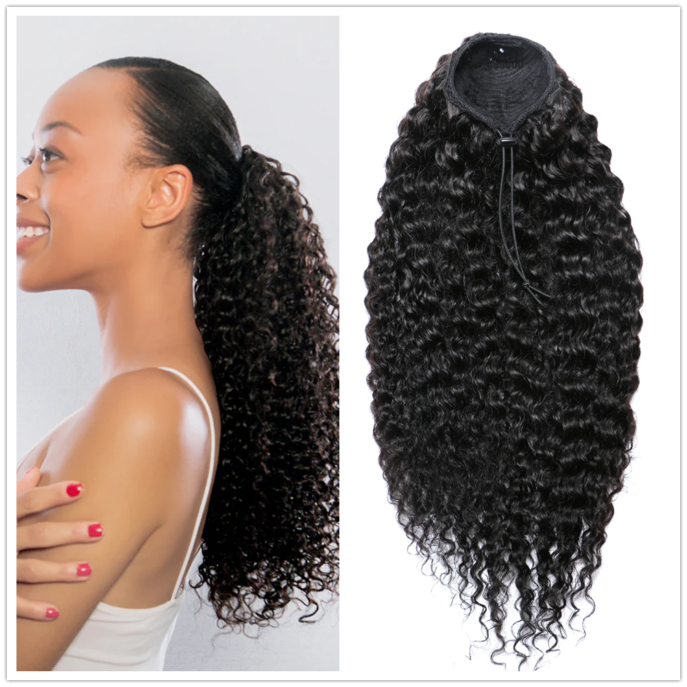 Curly Wrap-around Magic Velcro With Clip In Human Hair Ponytail Extension