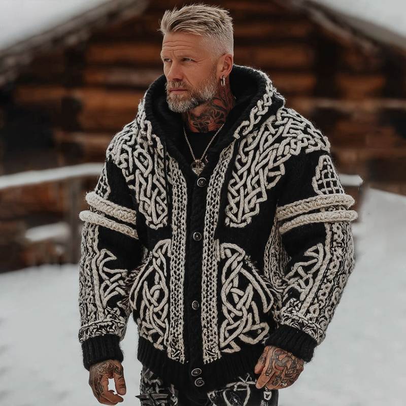 Men's Viking Celtic Knot Button Cozy Jacquard Cardigan Sweater