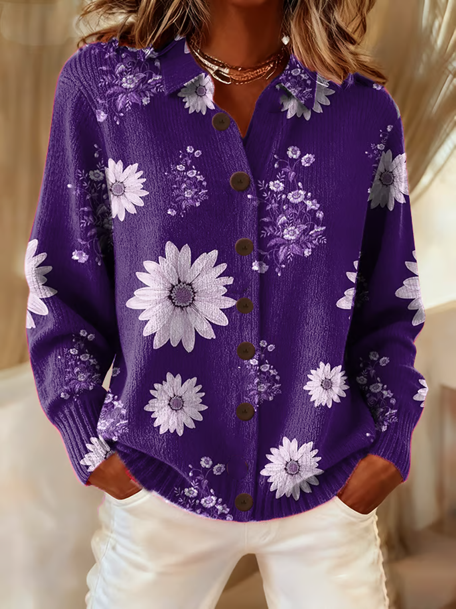 Women's Casual Retro Purple Floral Cardigan