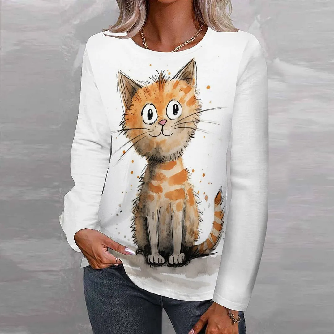 Full Printed Long Sleeve Plus Size Tunic for Women Pattern Crazy Cat ...
