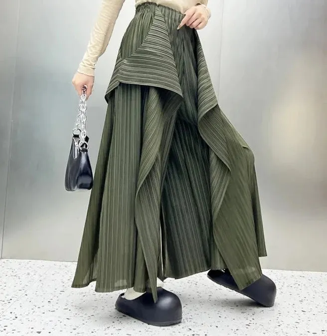 Modern Army Green Pleated Asymmetric Patchwork Wide Leg Pants