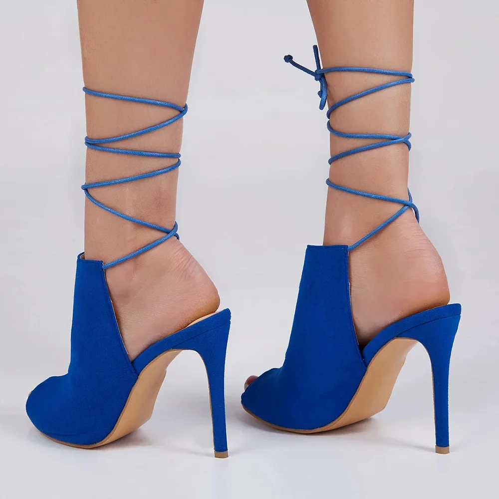 Blue Open Toe 3'' Stiletto Heel Wide Band Lace Up Sandals