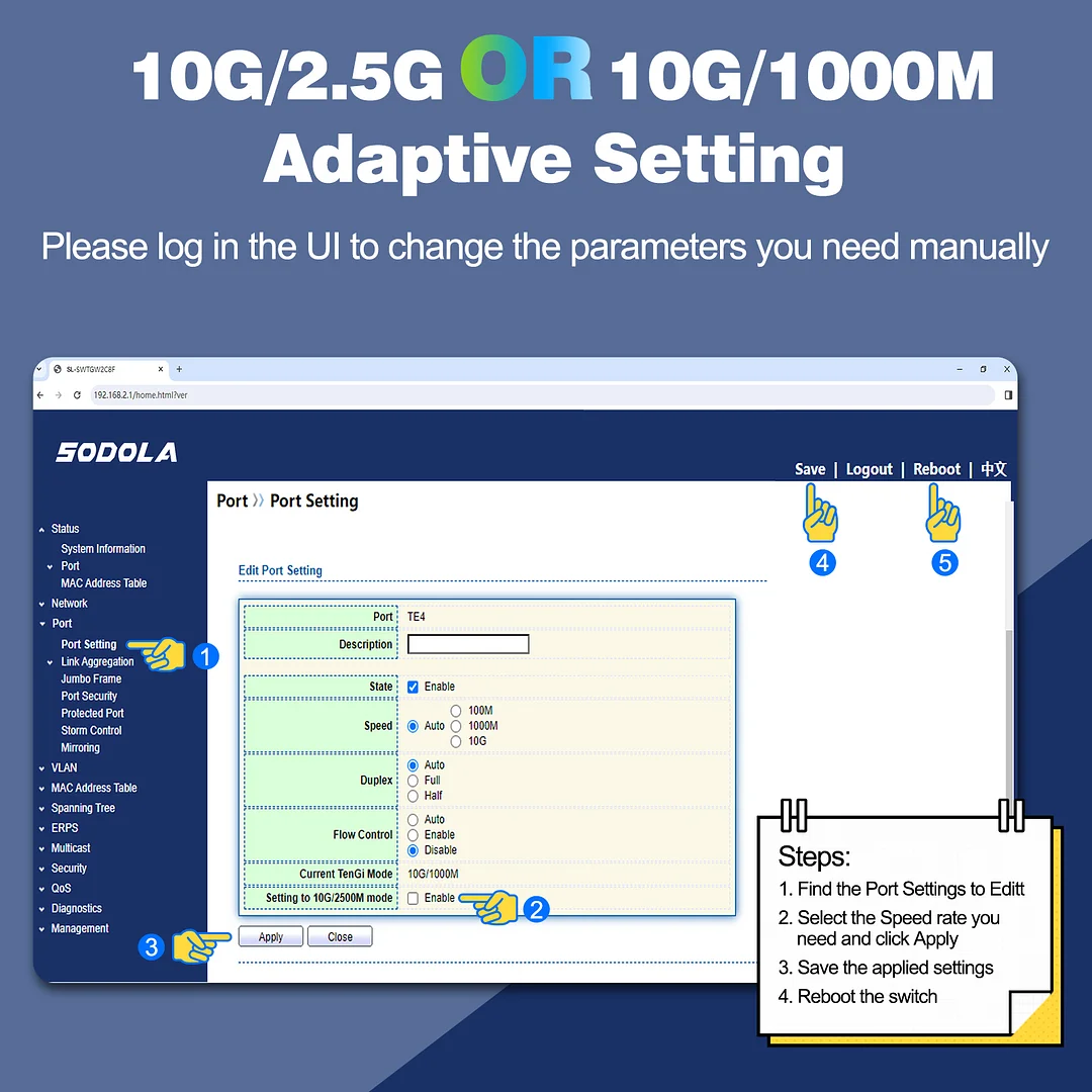 SODOLA 8 Port 10G Web Managed Switch,8X10G SFP+ Ports, Link Aggregation ...