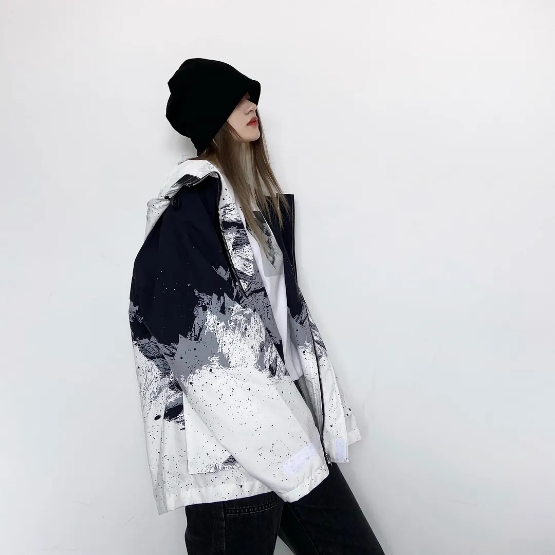 Black White Landscape Painting Printed Hooded Jacket SP237