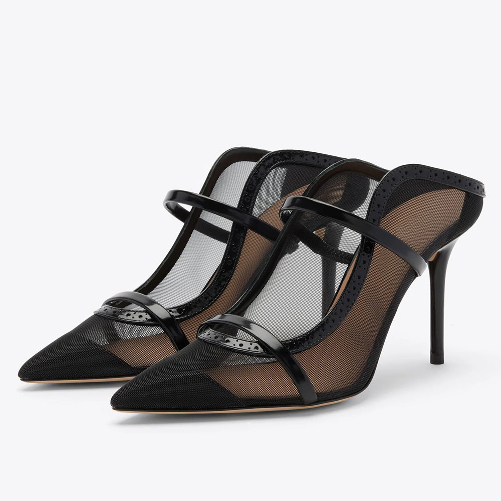 Black Mesh Pointed Toe Double Strap High Heel Mules with Perforated