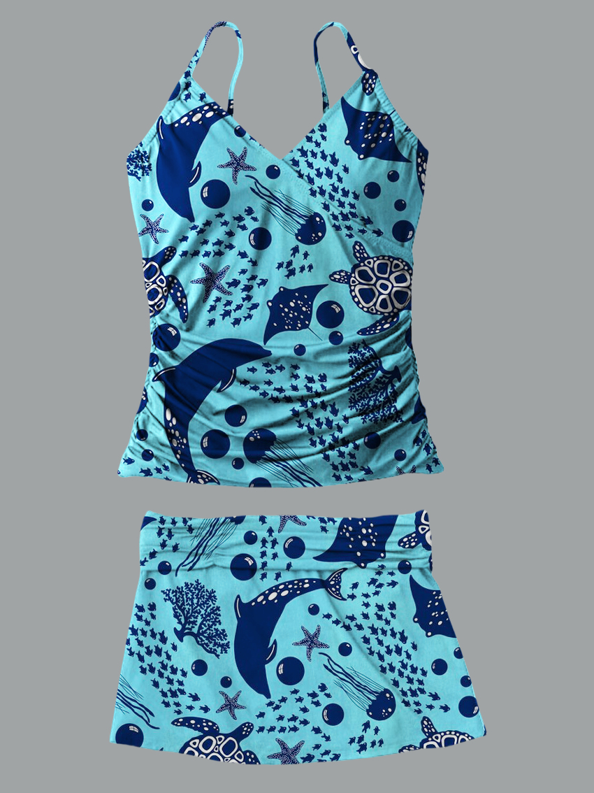 V-Neck Fish Art Print Suspender Skirt Tankini Pantskirt Set Swimsuit
