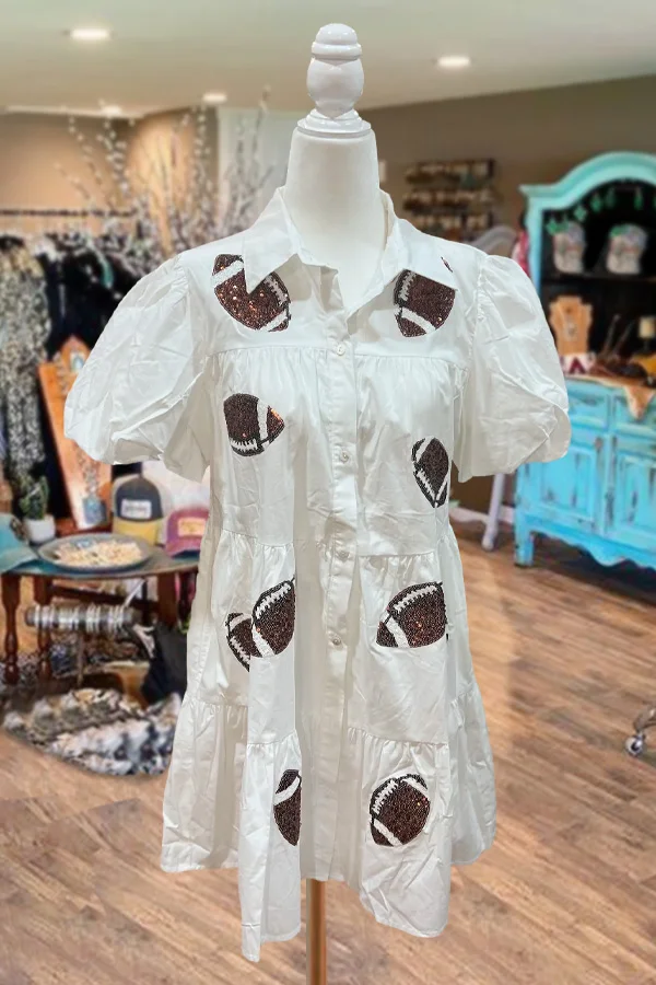 Football Print Puff Sleeve Tiered Mini Dress