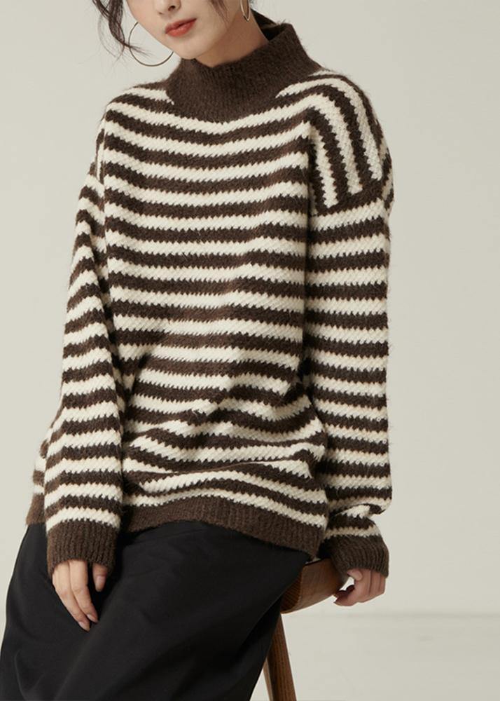Pullover fall brown striped knit tops Loose fitting high neck knitted ...