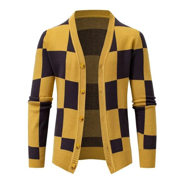 Men's Stylish Color Contrast Check Single Breasted Knit Cardigan