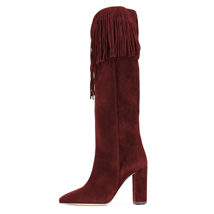 Burgundy Tassel Chunky Heel Pointy Toe Knee High Boots Vdcoo