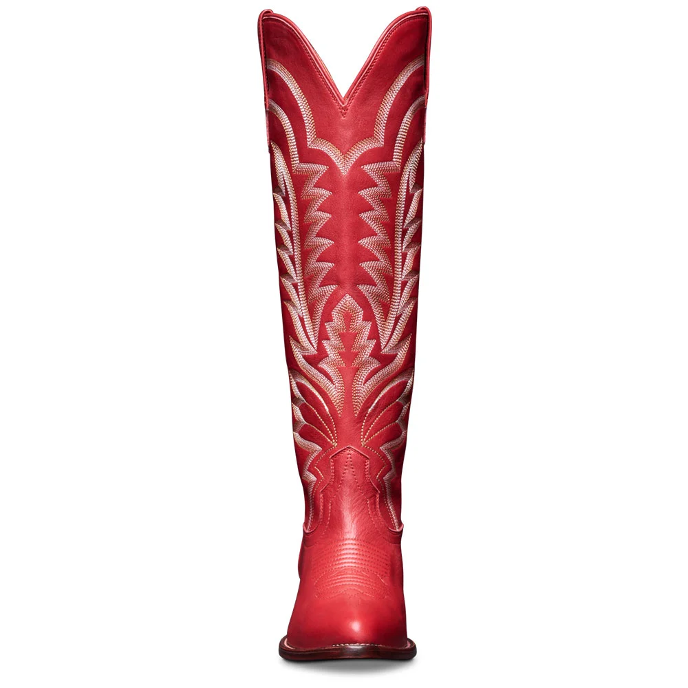 Red Pointed Toe Chunky Heel Embroidered Knee High Cowgirl Boots