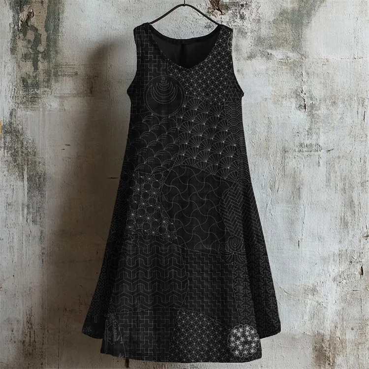 Japanese Traditional Sashiko Art Linen Midi Dress