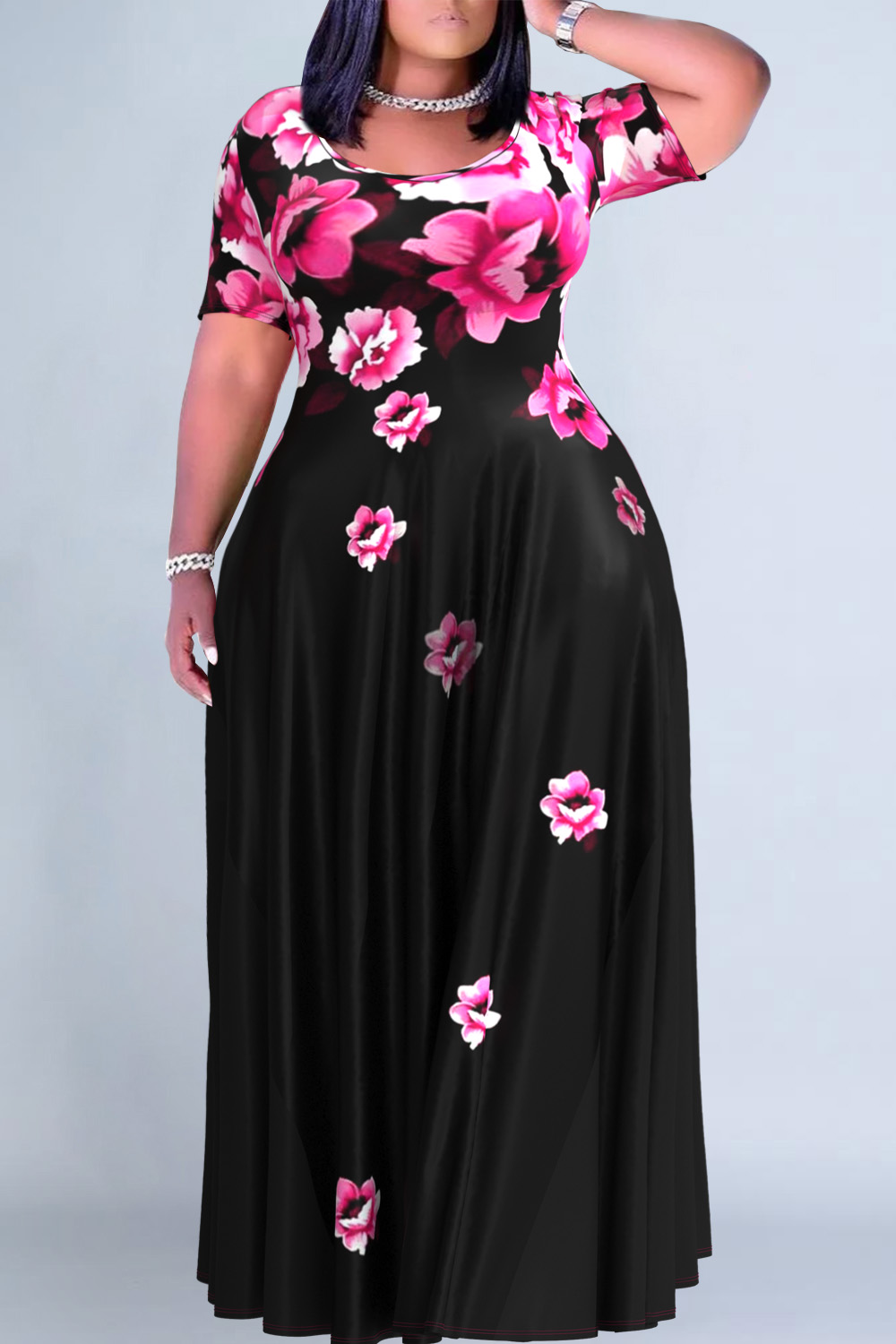 Plus Size Casual Rose Red Floral Print Short Sleeve Maxi Dresses ...