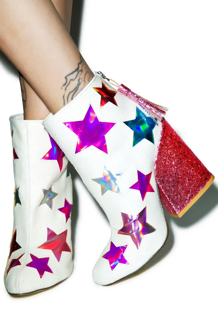 Pink and White Glitter Stars Chunky Heel Fashion Boots Vdcoo