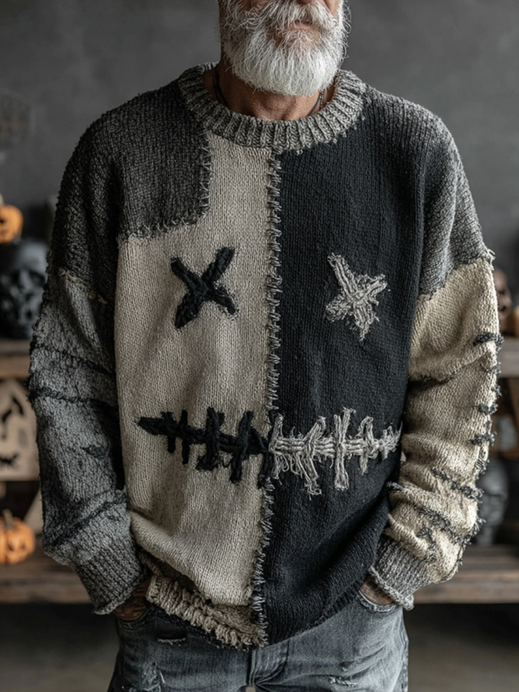 Men's Halloween Spooky Face Colorblock Stitched Cozy Knit Sweater