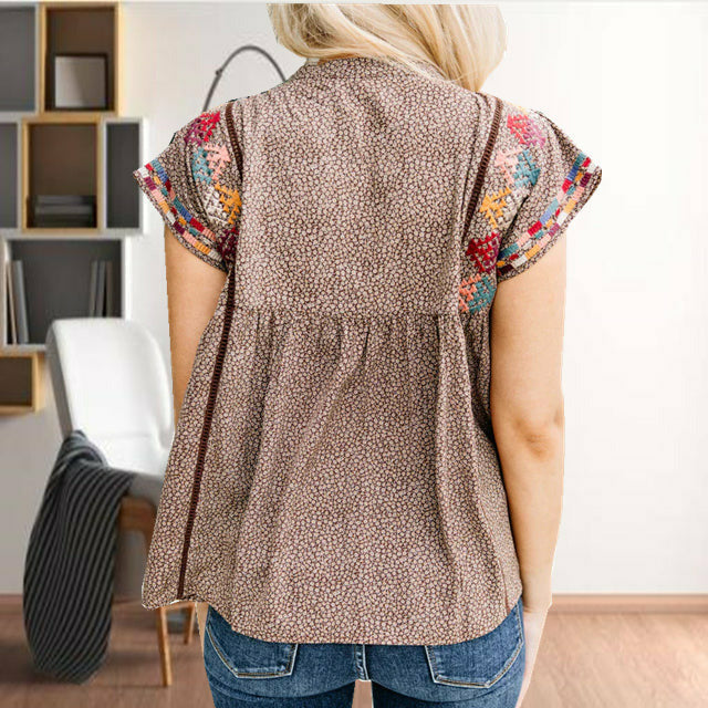 Vintage Geometric Print Patchwork Blouse - Ladylim