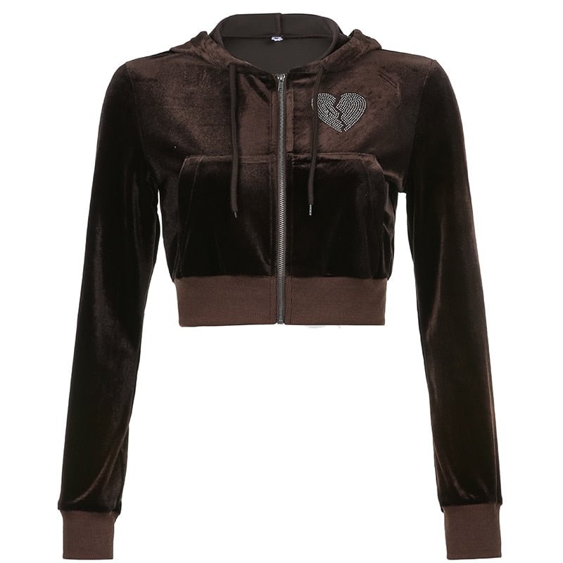 Velvet Crop Jackets Front Pocket Autumn Heart Diamond Print Cute Hooded ...