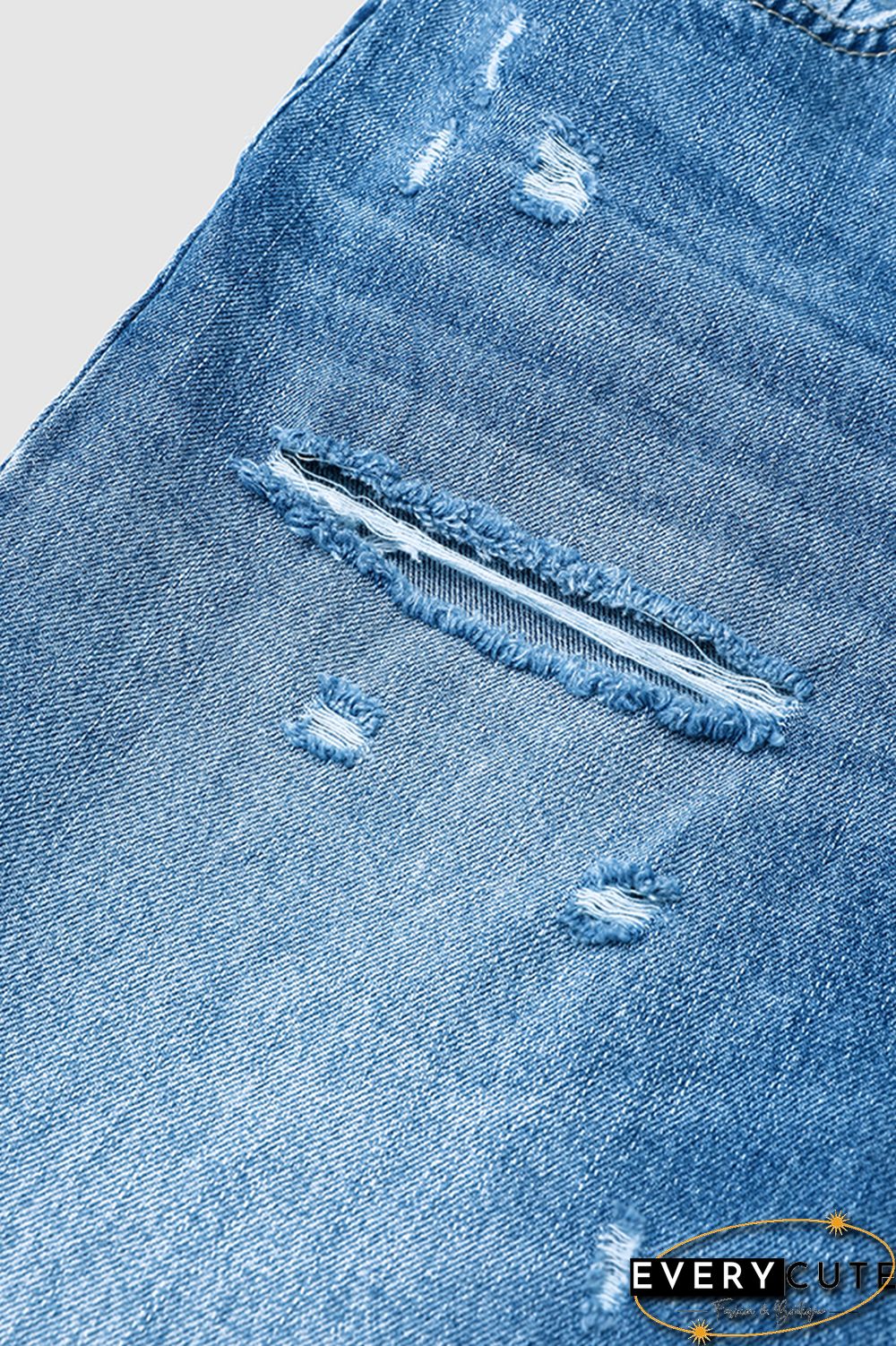 Ripped Raw Hem Zip Fly Mid Rise Straight Leg Jeans