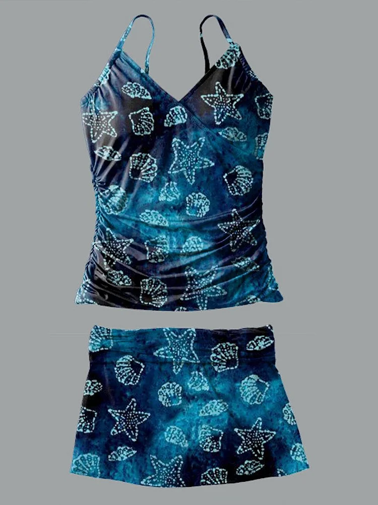V-Neck Dark Blue Ocean Starfish Shell Art Print Sling Pleated Tankini ...