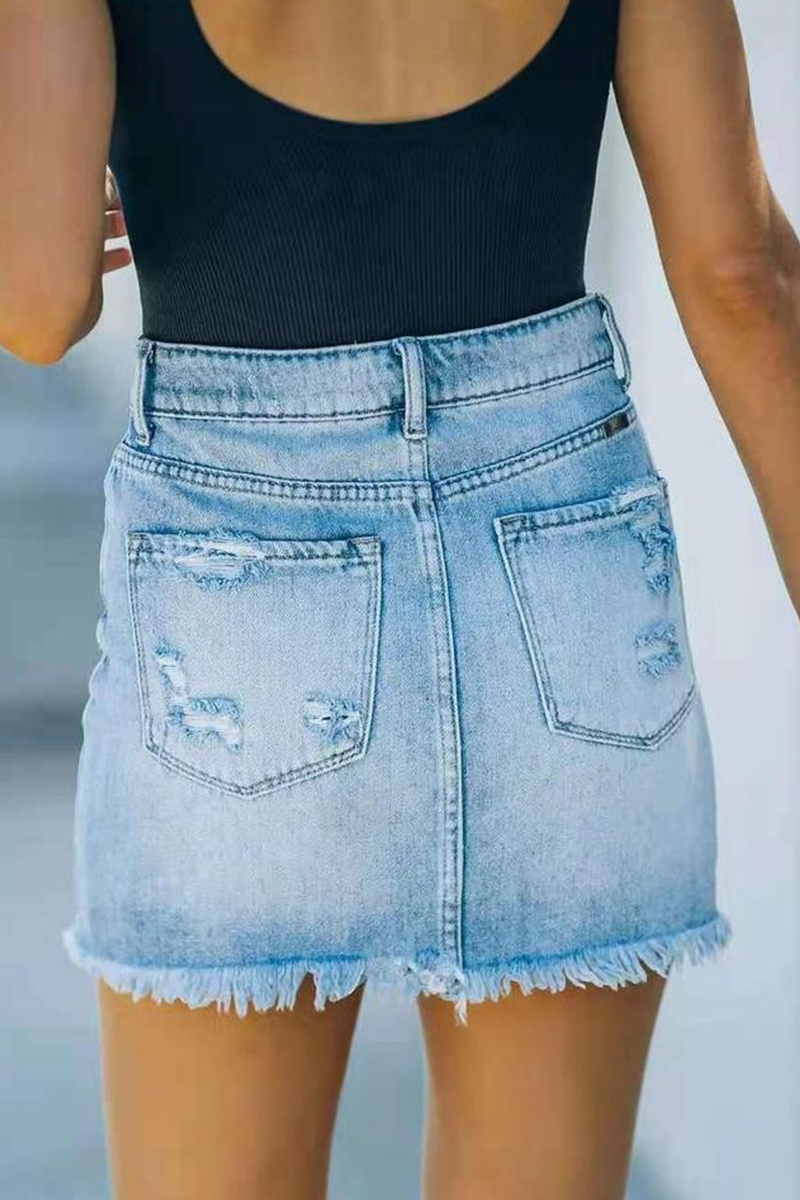 Street Solid Lace Ripped Denim Skirts - Ladylim
