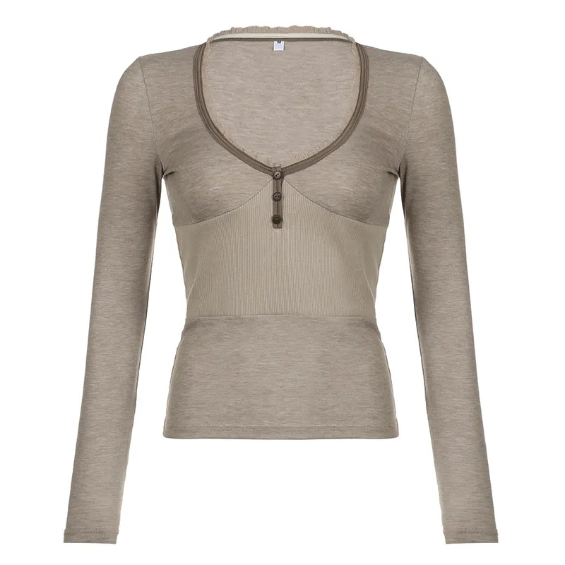 BASIC V-NECK LOW CUT BREASTED LONG SLEEVE TOP