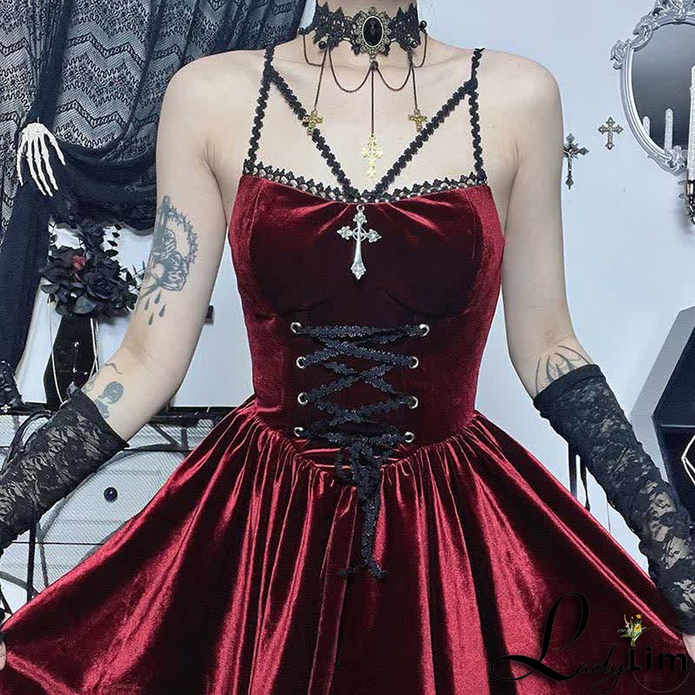 Gothic Lace Up A-line Slip Dress - Ladylim