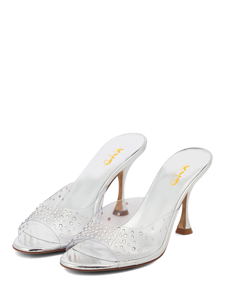 Silver PVC & Metallic Finish Open Toe Rhinestone Women Mules Shoes