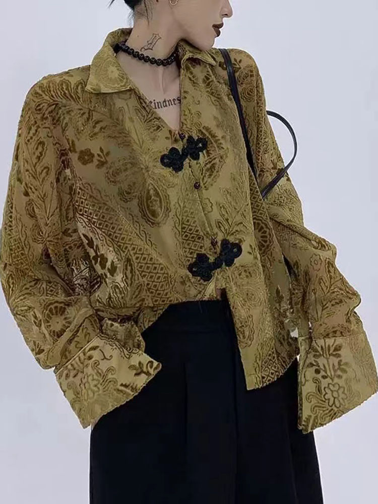 Vintage Lapel Solid Color Chinese Style Button Floral Printed Long ...