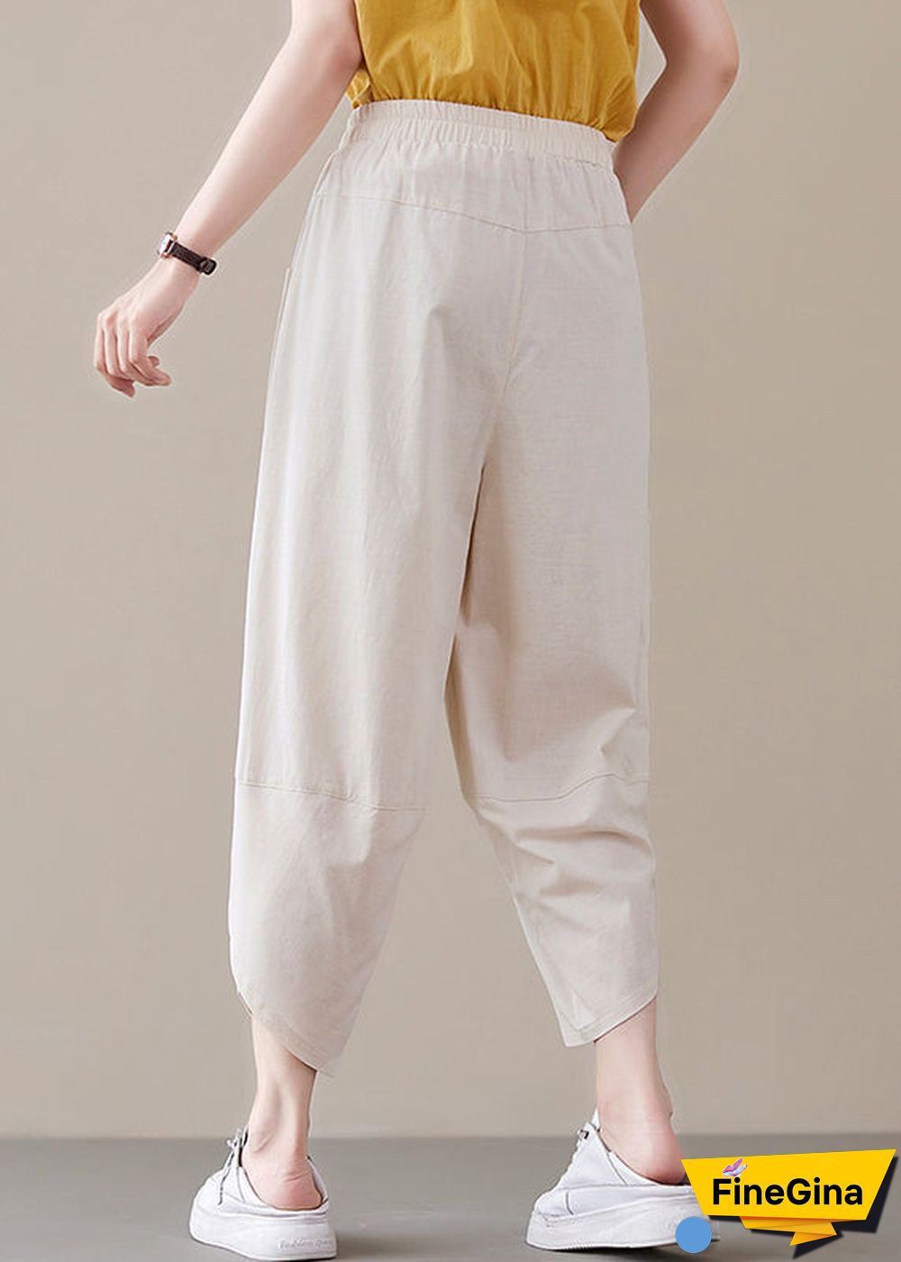 FineGina Beige Loose Pants asymmetrical design Spring