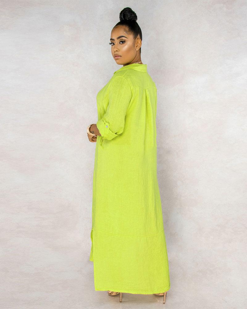 Solid Color Buttons Down Side Slit Shirts Maxi Dresses