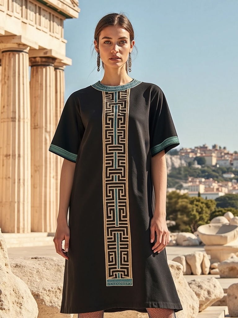 Vintage Greek Key Linen Blend Round Neck Short Sleeves Midi Dress