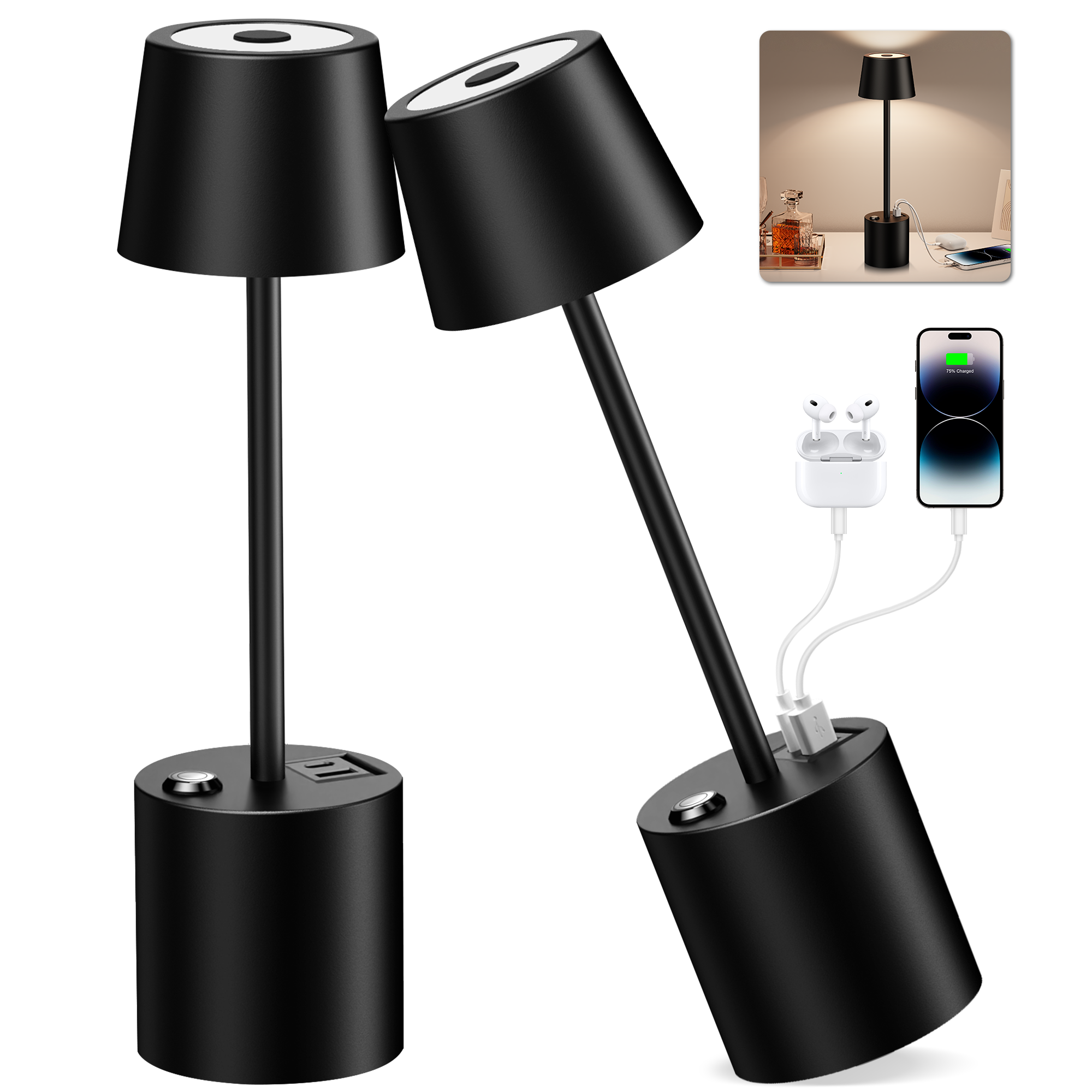 LED Cordless Rechargeable Table Lamp - 8000mAh Battery Operated Desk ...