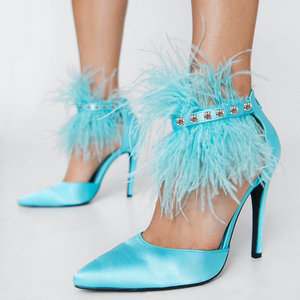 Blue Satin Pointy Toe Feather Ankle Strap Pumps Heels with Rhinestone