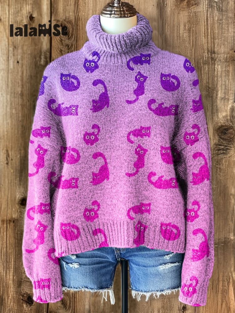 Cute Cat Art Print Knit Turtleneck Pullover Sweater