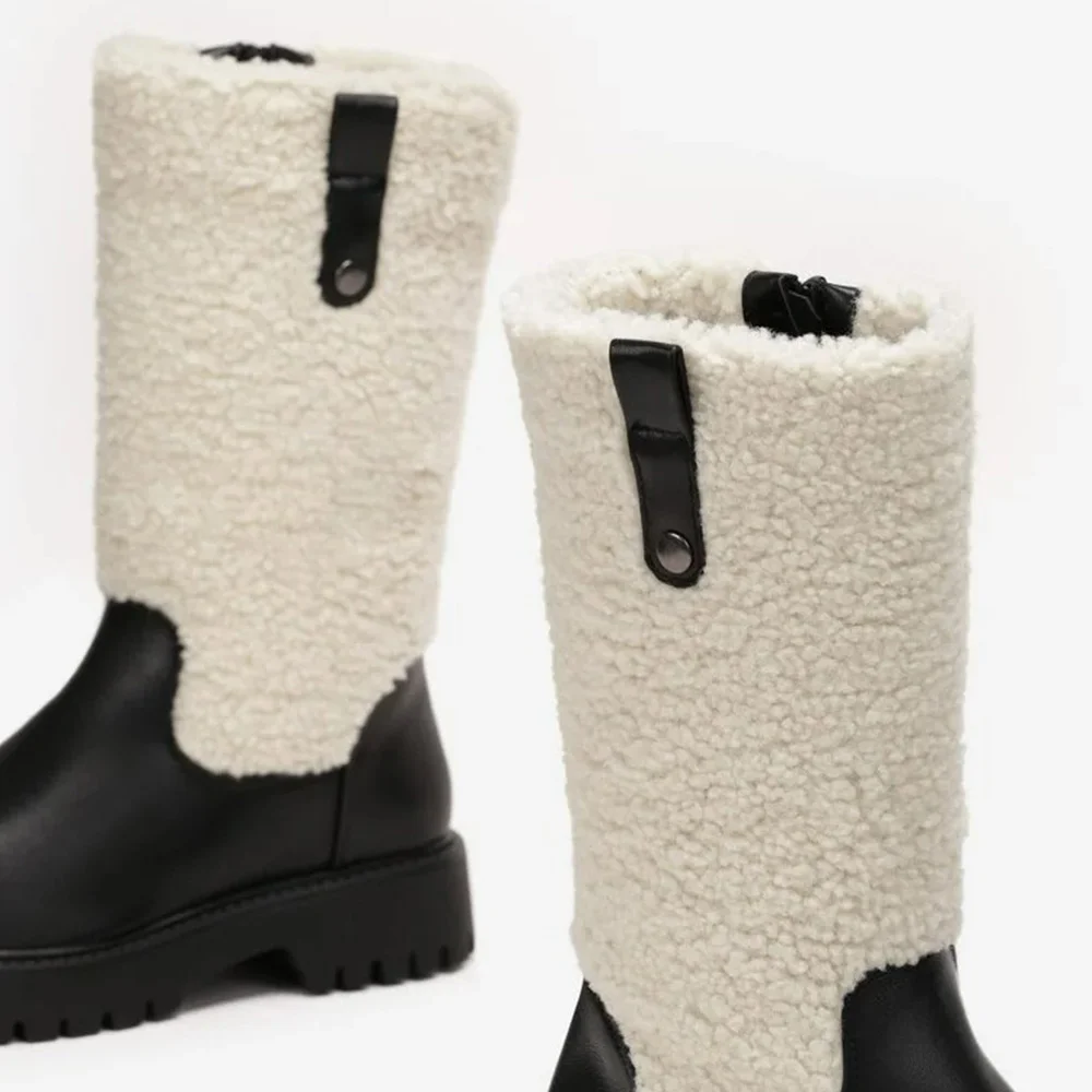 Black & White Round Toe Platform Block Heel Mid Calf Boots for Women