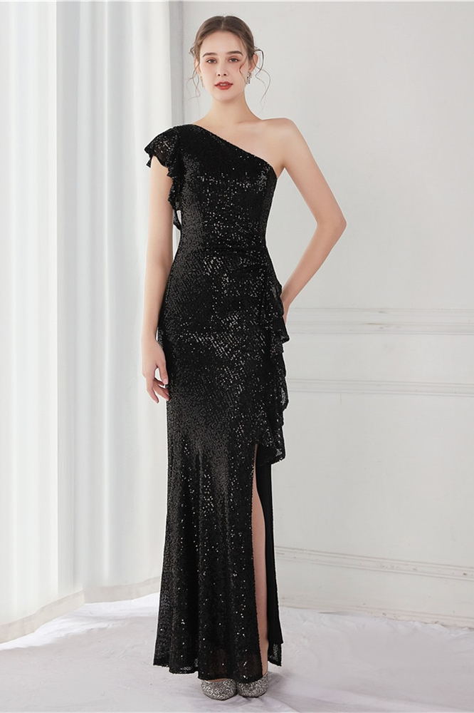 Daisda One Shoulder Long Mermaid Evening Dress With Sequins Split Ruffle Online