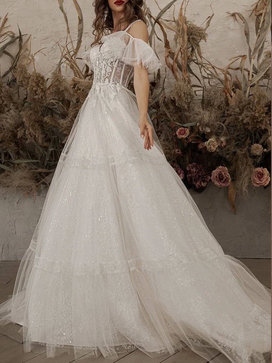 Gorgeous and Shiny Long Wedding Dress with Suspenders