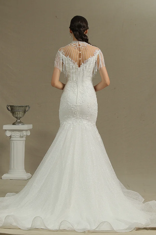 Mermaid High Neck Wedding Dress With Beadings Tassel