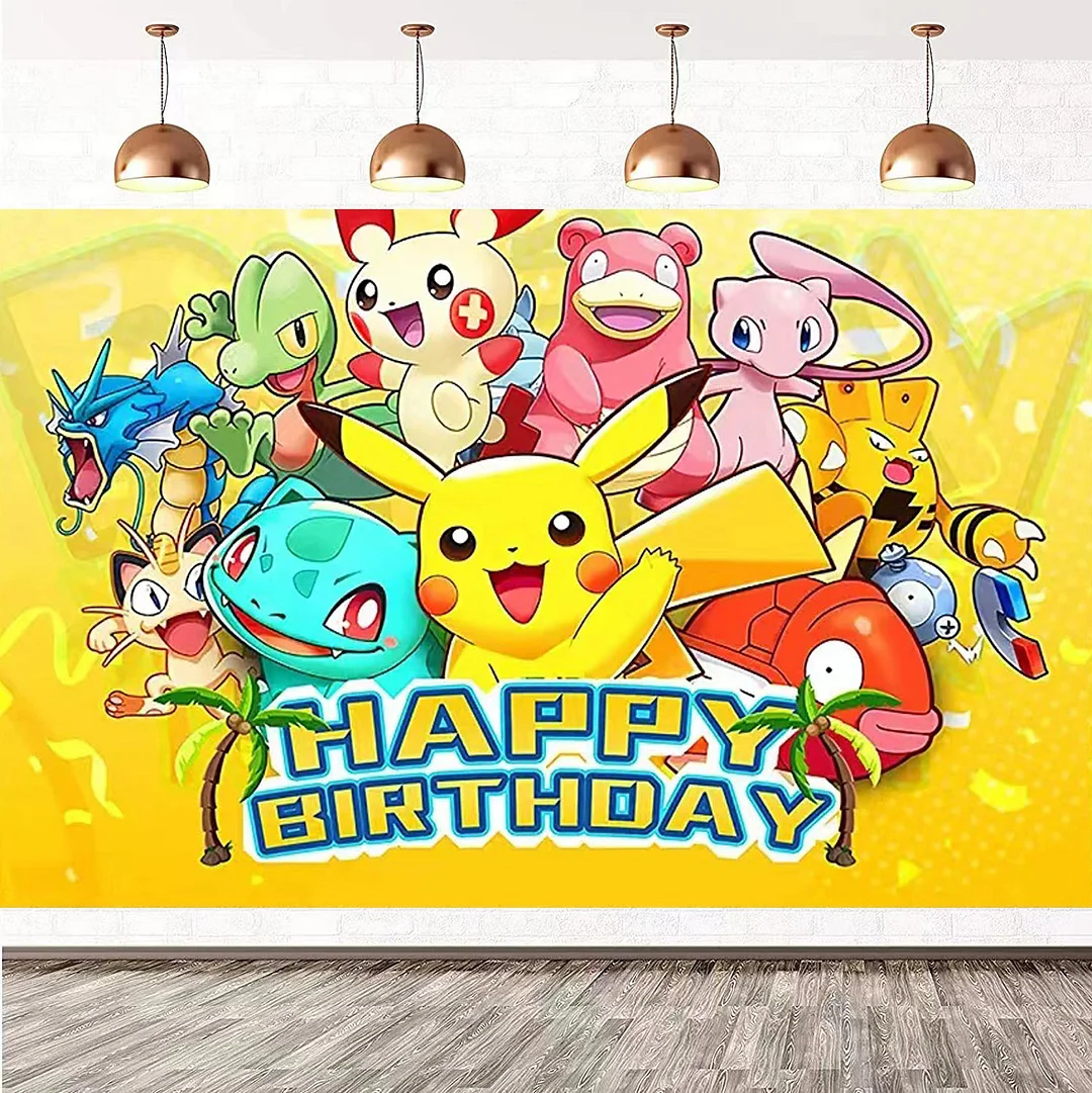 Free Custom-Made Yellow Pikachu Cartoon Vinyl Happy Backdrop