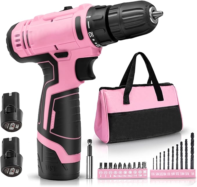 Power Cordless Drill with 2 Batteries Pink Tools Set 12V 1400RPM 25+1 ...