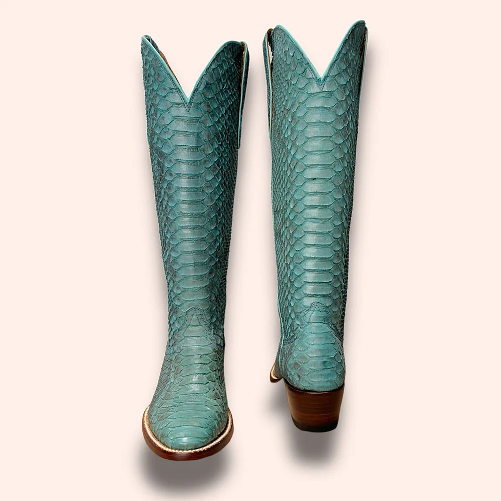 Turquoise Python Embossed Knee-High Cowgirl Boots with Chunky Heel