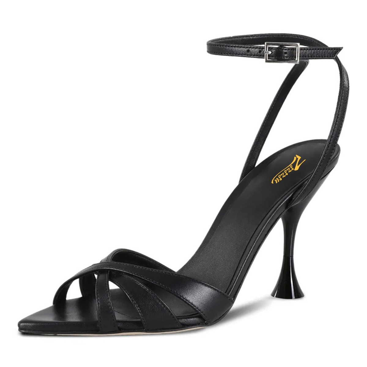Simple Black Open Toe Buckled Ankle Strap Women's Heel Sandals