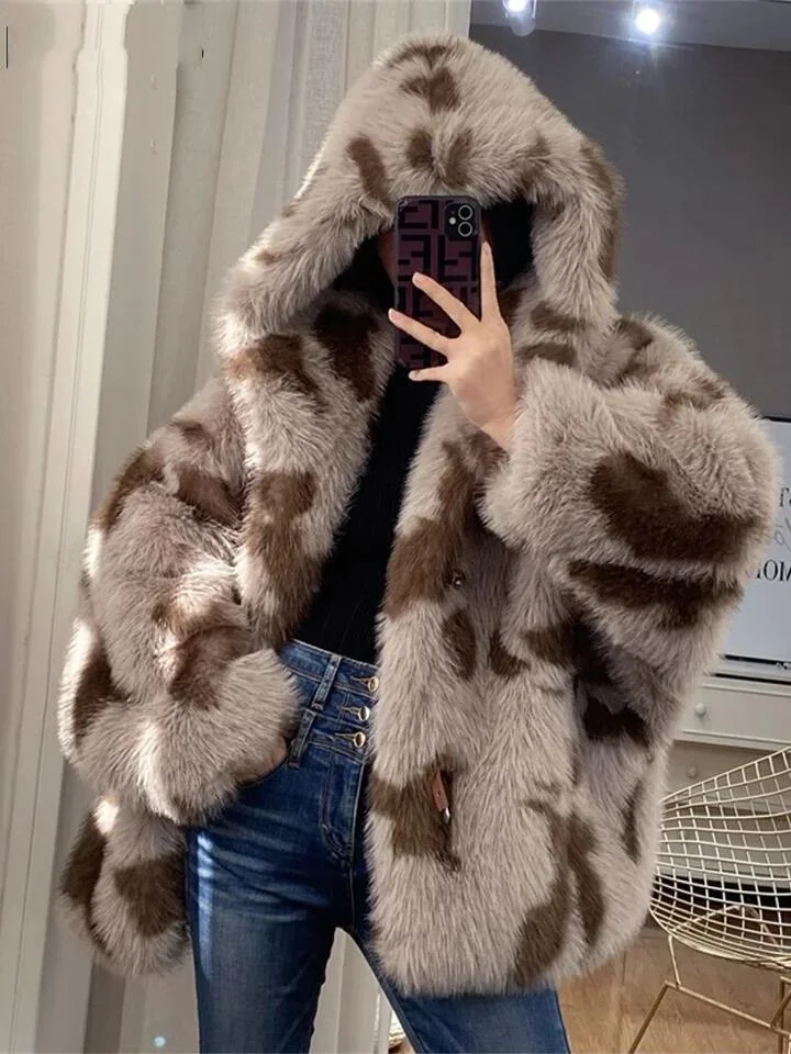 Luxury Hooded Tie-dye Long Sleeve Thick Faux Fur Fluffy Coat
