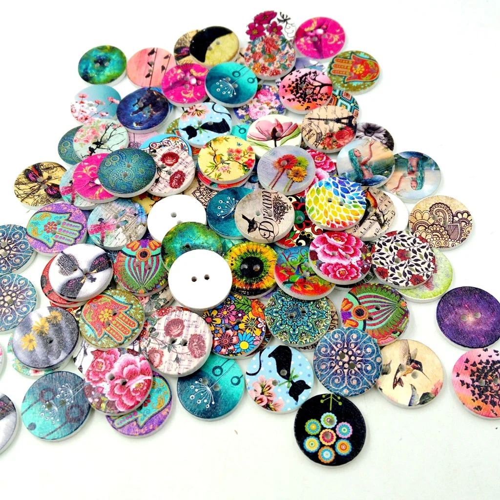 100 Pieces 20 mm Wood Sewing Buttons 2 Holes Decorative Painted Buttons ...