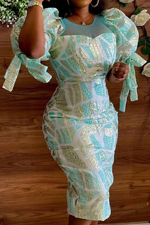 Elegant Puff Sleeve Slim Fit Color Block Print Slit Midi Dress